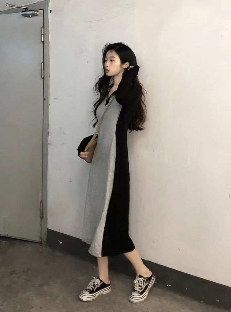 Fashion Women's Maxi Slim Dress Long Sleeve Polo Collared V Neck Shirt ...