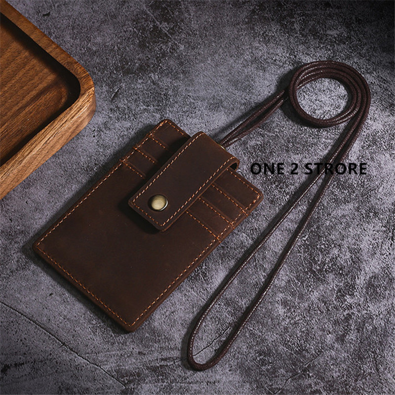 ID Card Crazy Horse Leather Employee Card Holder with Lanyard Hanging ...