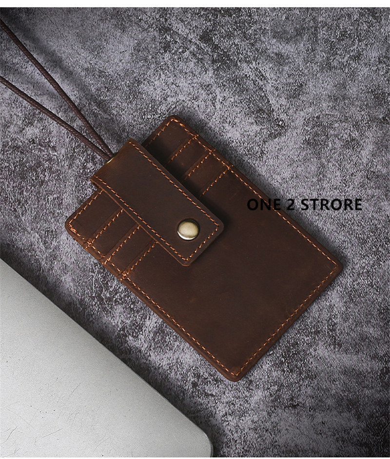 ID Card Crazy Horse Leather Employee Card Holder with Lanyard Hanging ...