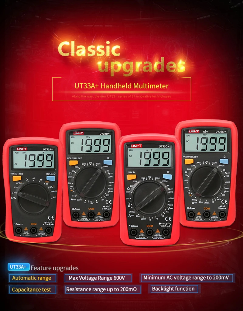 UNI-T UT33+ Series UT33A+ UT33B+ UT33C+ UT33D+ Digital Multimeter True RMS 1999 600v 10A LCD ...