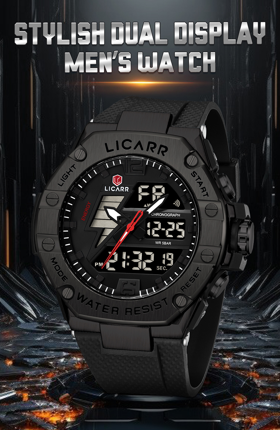 LICARR Top Brand Dual Display Waterproof Sports Men's Watch Luminous ...