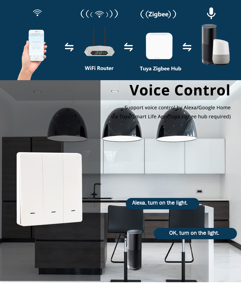 Zemismart Zigbee Neutral Light Switch,Button Relay Switch,1/2/3 gang ...
