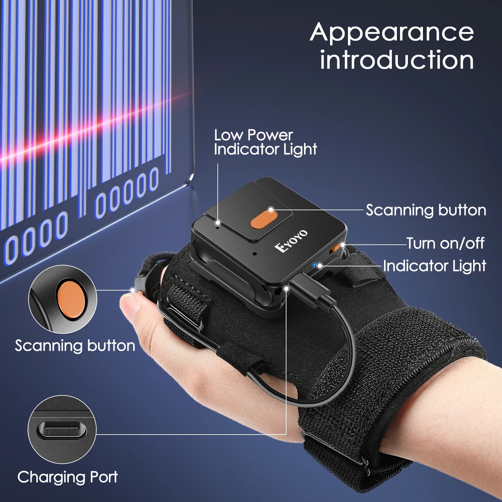 Eyoyo Wearable Glove 1D Bluetooth Barcode Scanner Laser Finger Trigger ...