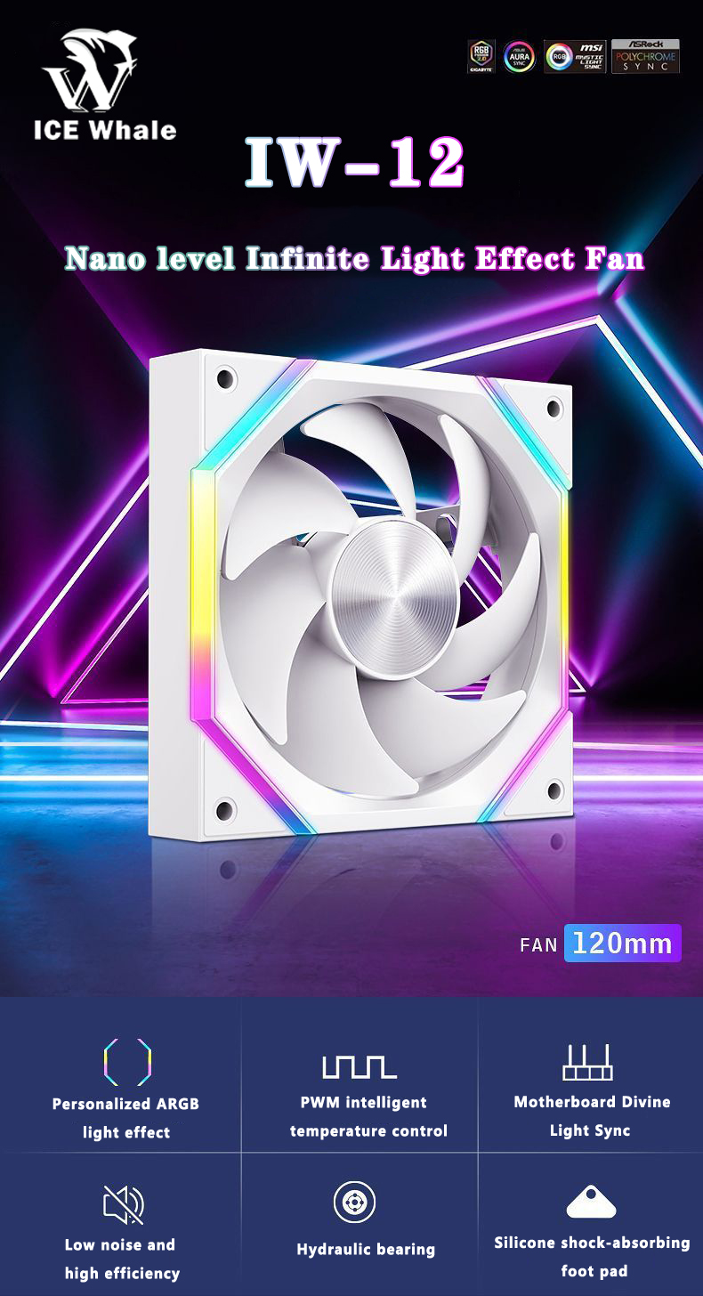 ICE Whale IW-12 Computer PC Case Fan 120mm ARGB 4 Pin PWM Quiet Cooling ...