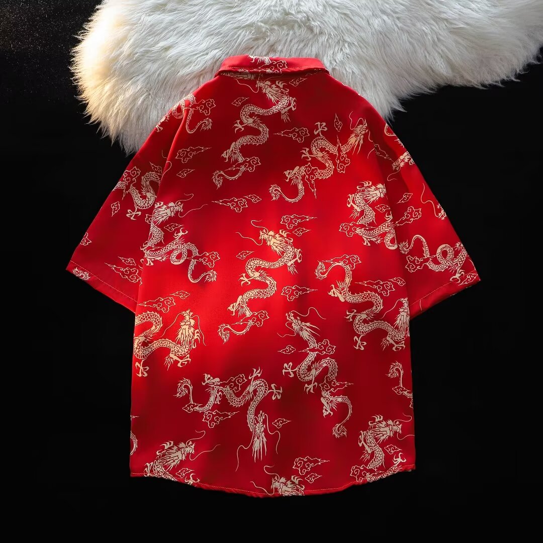 New Chinese-Style Thin Short-Sleeved Shirt, Men's Black Gold Dragon ...