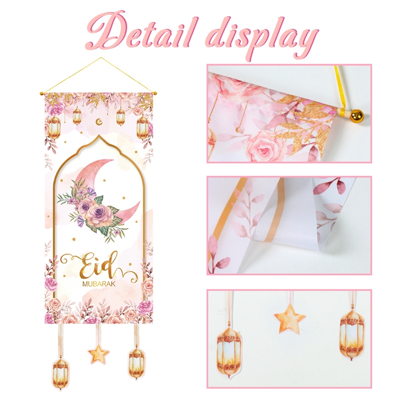 Pastel Mint Crescent Eid Mubarak Hanging Flag Rose Moon Design Door ...