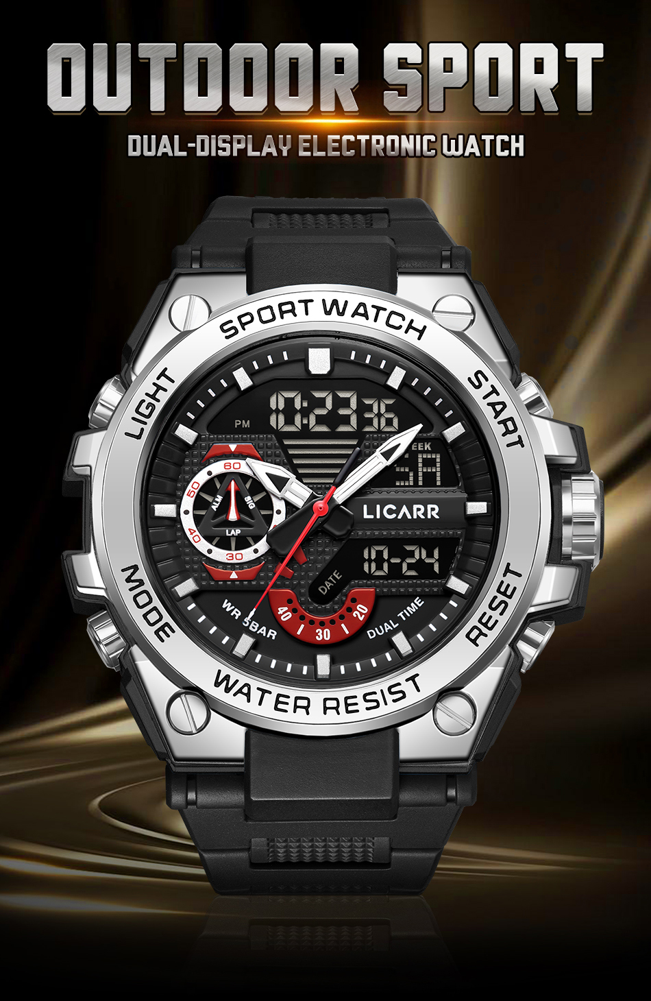 LICARR Top Fashion Brand Men's Watch Dual Display Trend Waterproof ...