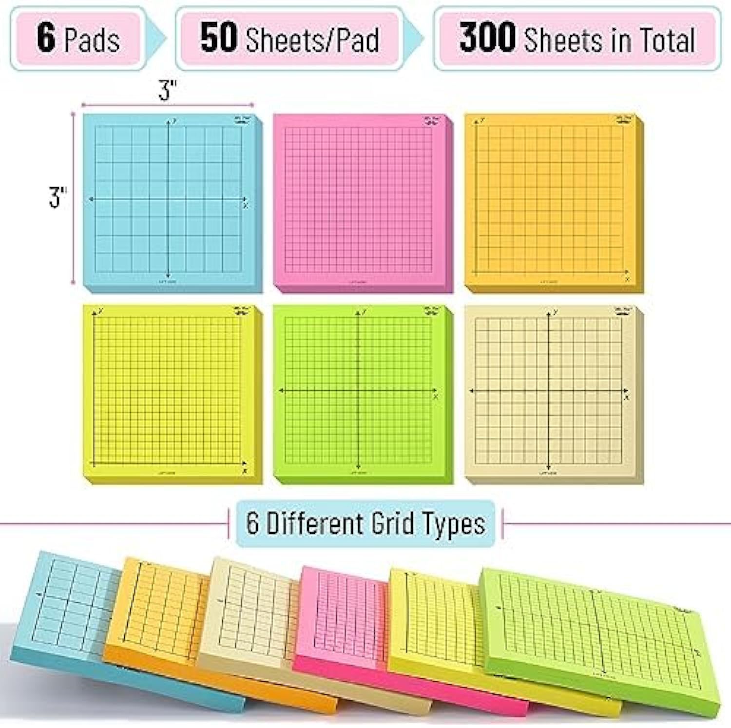 6 Pads Graph Paper Sticky Notes, 3x3 Inch, Graph Sticky Notes, Math ...