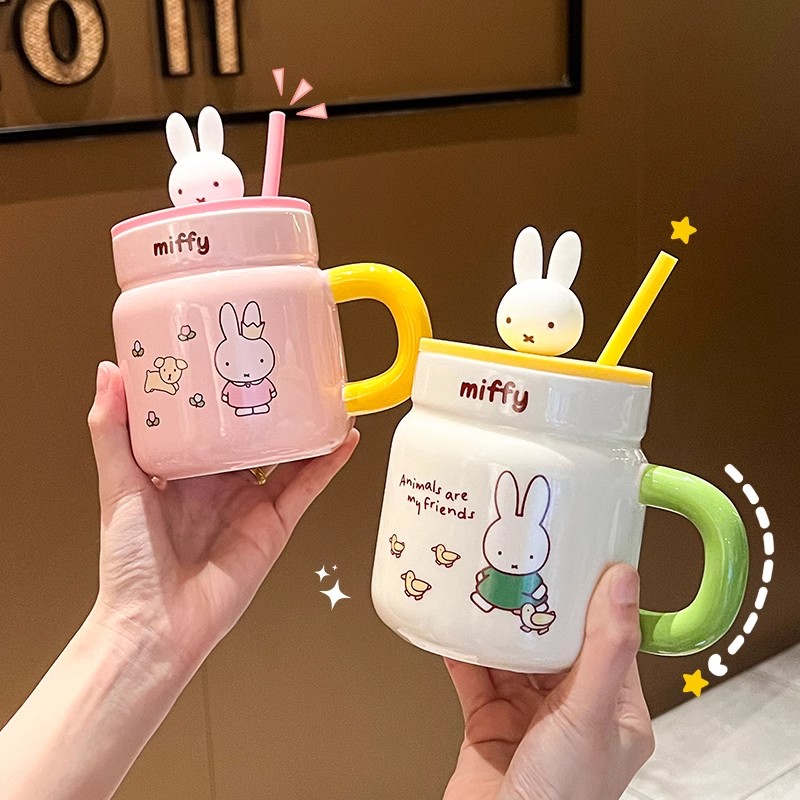 Miffy Mug Rabbit with Lid and Straw Cup Cartoon Ceramic Water Cup 550ML | Shopee Malaysia