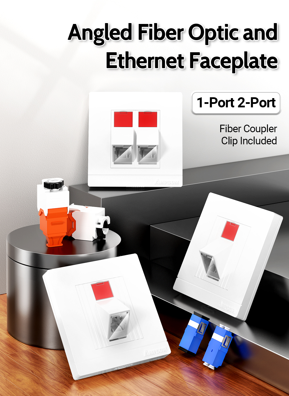 AMPCOM 86*86mm Angled Faceplate with a Fiber Optic Coupler Bracket ...