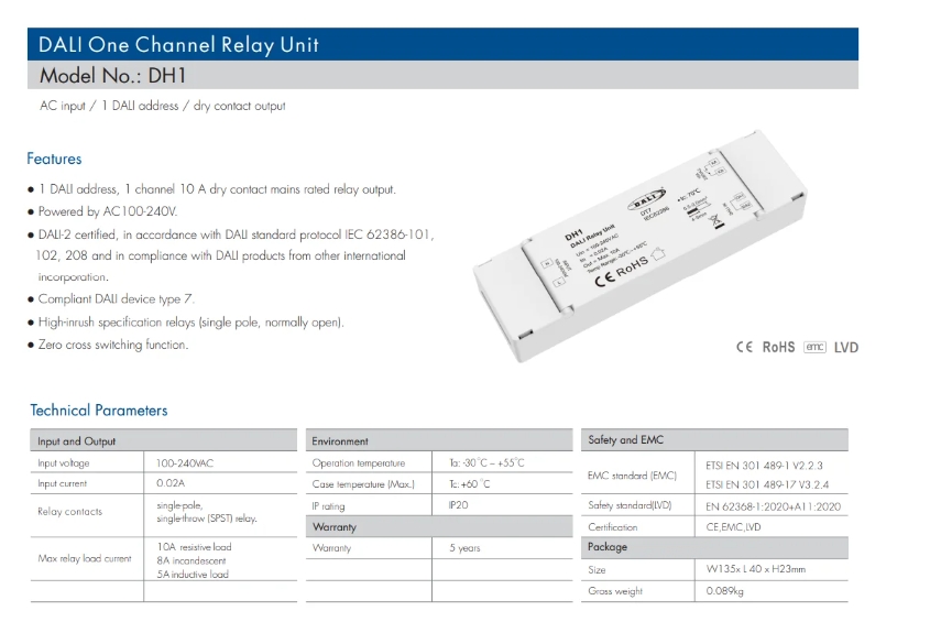 Skydance DH1 DALI Relay Unit 1CH*10A Switch Dimmer 1 Channel DT7 DALI-2 Certified Dry Contact ...