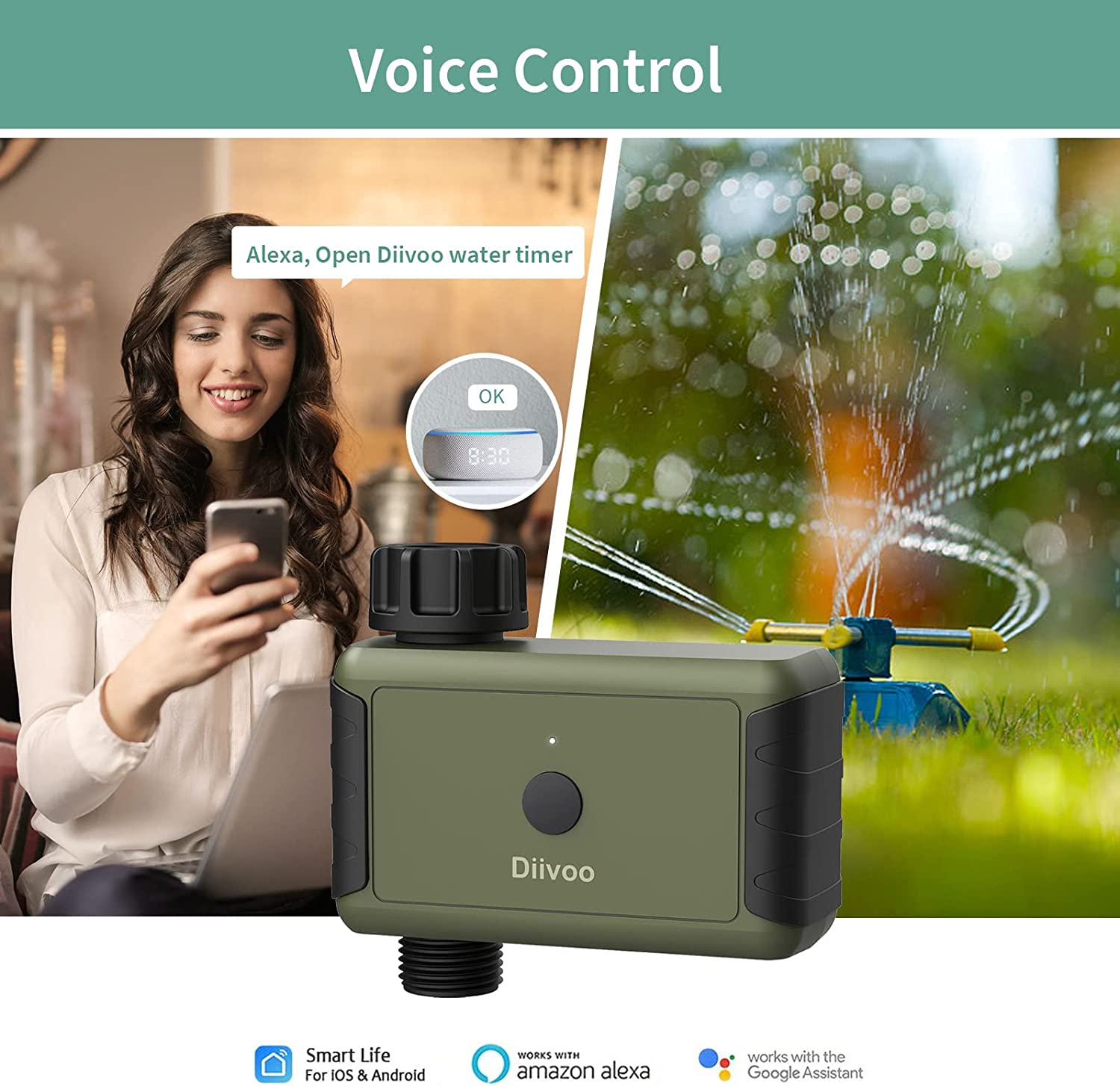 Diivoo Smart Bluetooth Garden Irrigation Watering Timer 2 Zone Auto ...