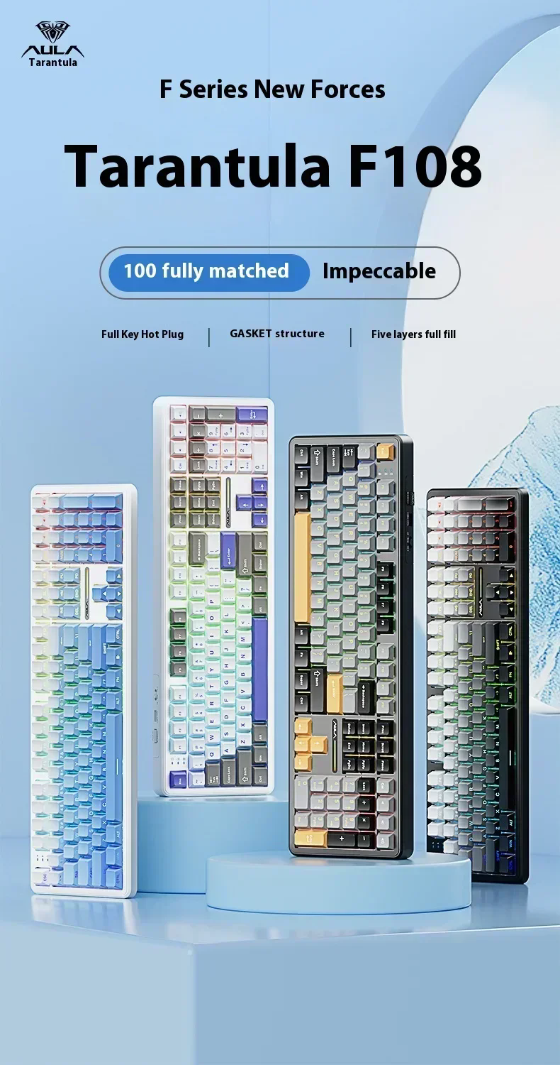 AULA F108 Pro Wireless Mechanical Keyboard 100% Hot swappable RGB ...