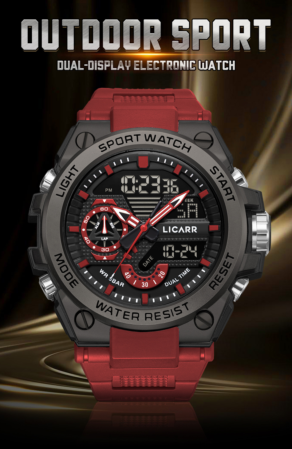 LICARR Brand Men's Watch Dual Display Original Waterproof Sports Trend ...