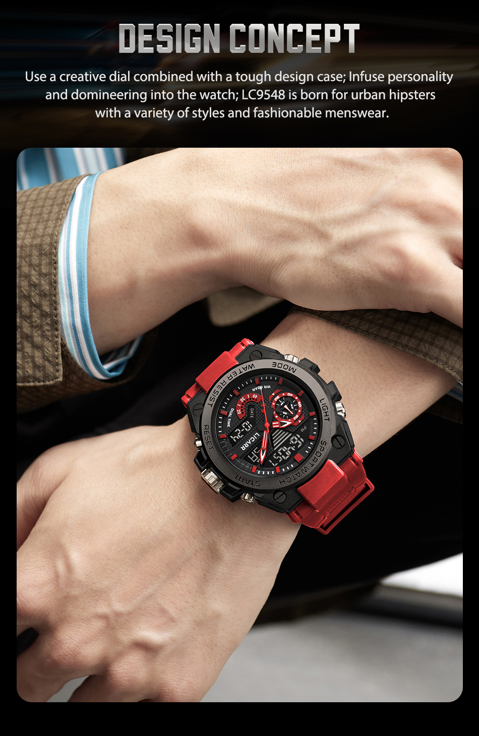 LICARR Brand Men's Watch Dual Display Original Waterproof Sports Trend ...