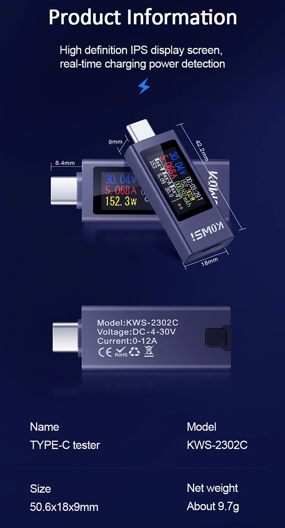 Type-C/USB Current and Voltage Monitor Multi-function Digital Display ...