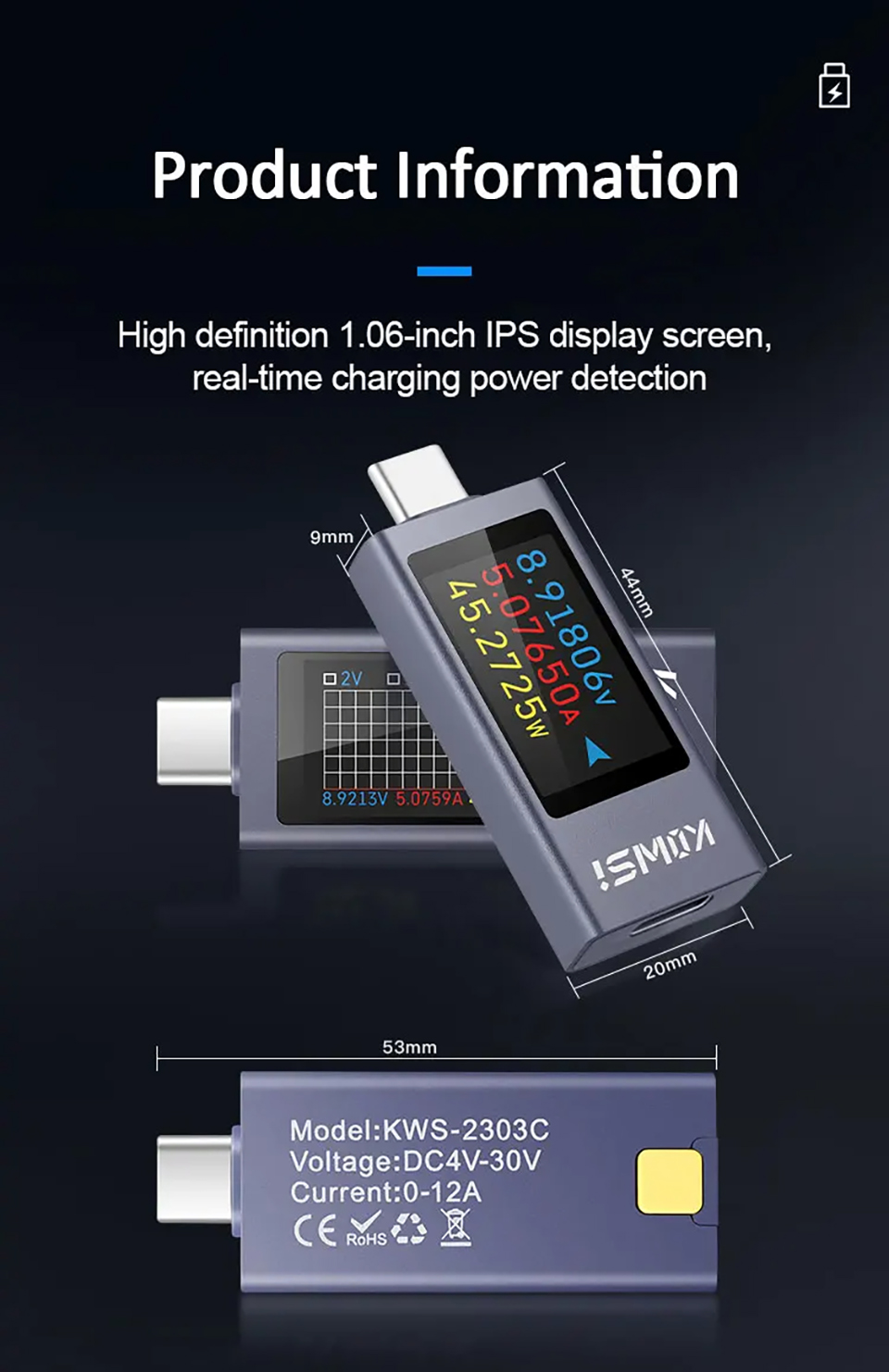 Type C Usb Current And Voltage Monitor Multi Function Digital Display Dc Voltage Ammeter Power