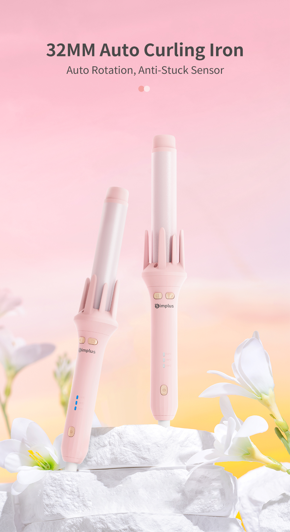 Simplus Pink Auto Curling Iron丨32MM丨Big Curls Loose Waves丨No-Damage Hair Styler丨10S Heats Up丨 ...