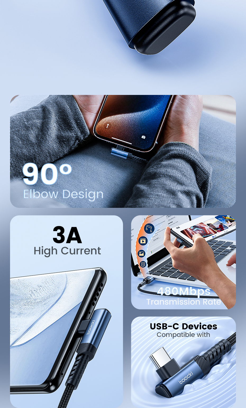 Toocki PD60W Type C to Type C Fast Charging Cable USB C to USB C 90 Degree Elbow Cable USB2.0 ...