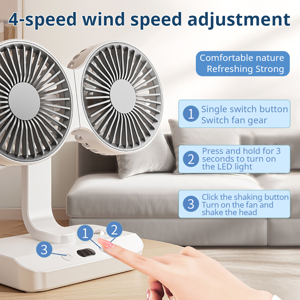 New Double Head Desktop Fan 4-Gears Wind Fast Cooling Digital Display ...