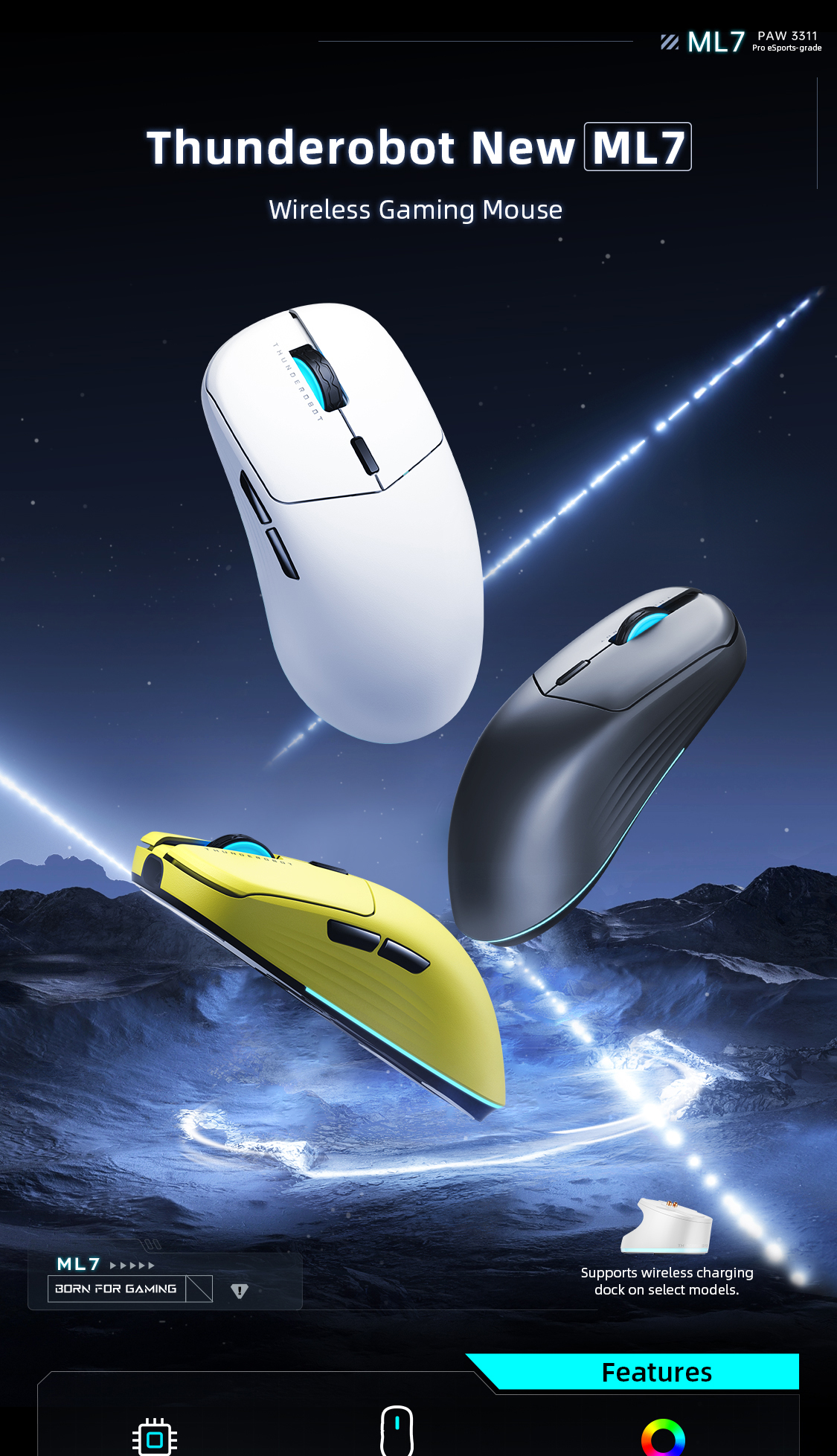 Thunderobot ML7 Gaming Mouse With Charging Dock Long Battery Life Tri ...