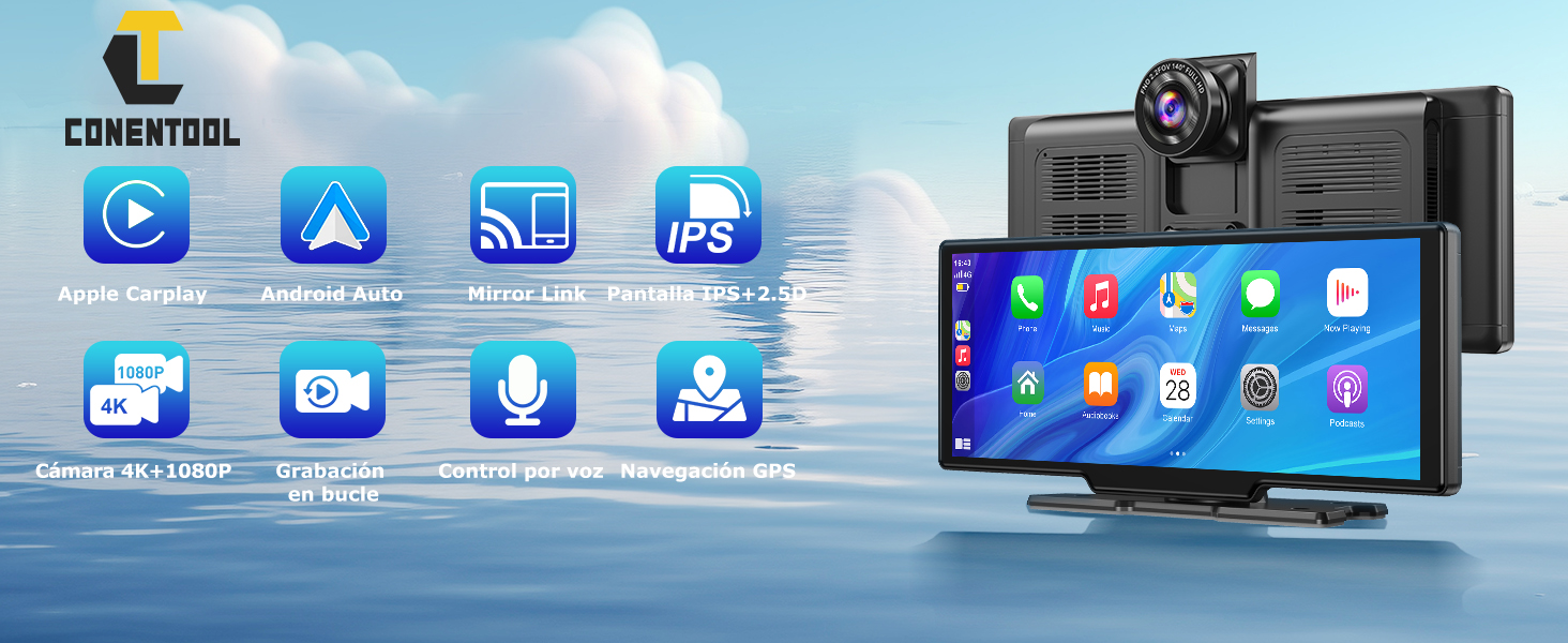 Conentool 10.26" INCH Portable Car Player Carplay Android Auto Bluetooth Dual Camera IPS 2.5D ...