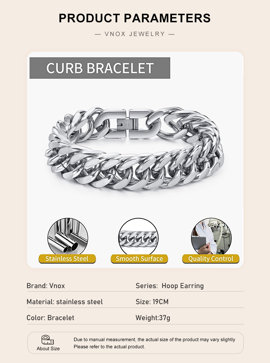 Vnox Fashion 12/15MM Width Stainless Steel Cuban Chain Bracelets for Men, Silver Color Fashion ...