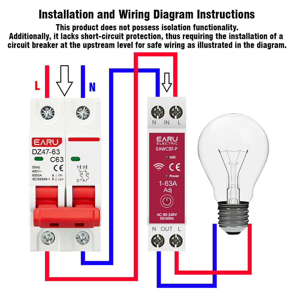 Tuya WiFi Smart Circuit Breaker EAWCBT-P MCB Timer 1P+N 63A Power ...