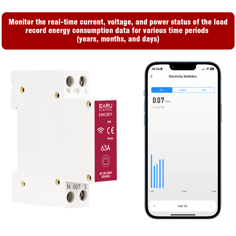Tuya WiFi Smart Circuit Breaker EAWCBT-P MCB Timer 1P+N 63A Power ...