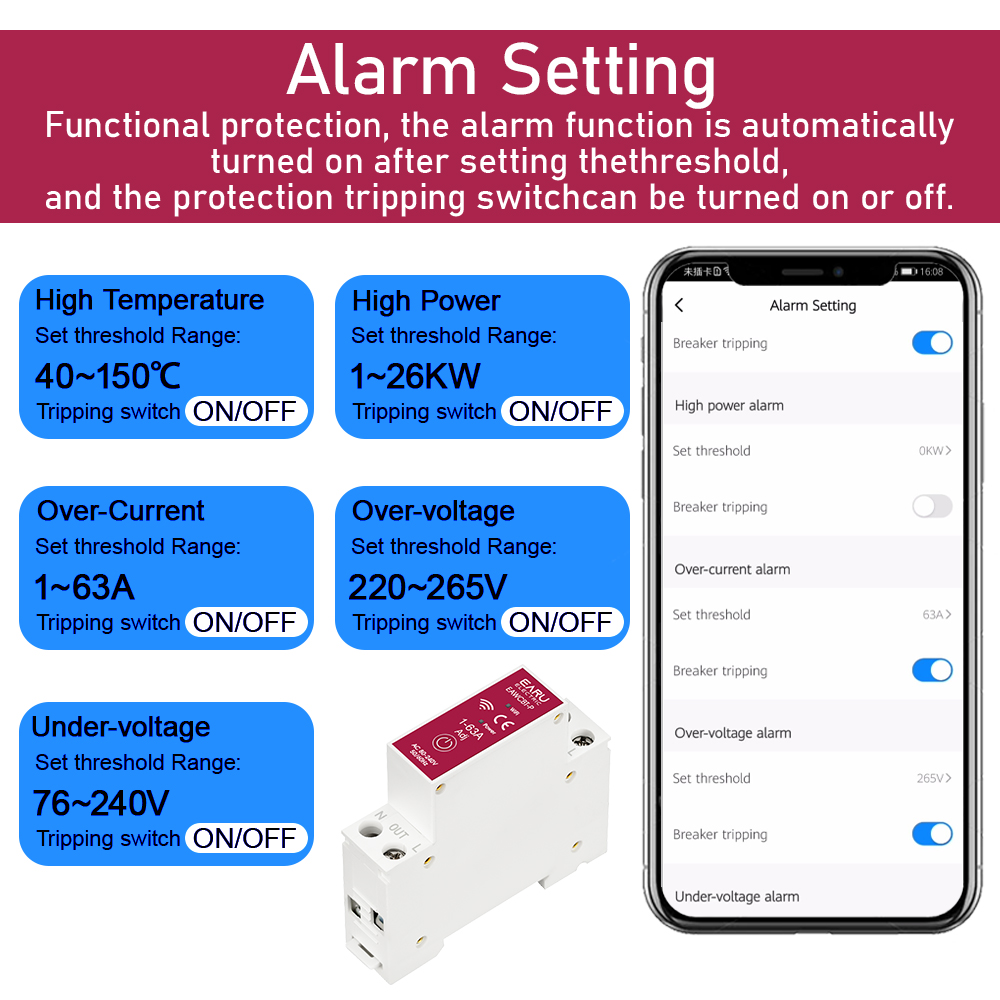Tuya WiFi Smart Circuit Breaker EAWCBT-P MCB Timer 1P+N 63A Power ...