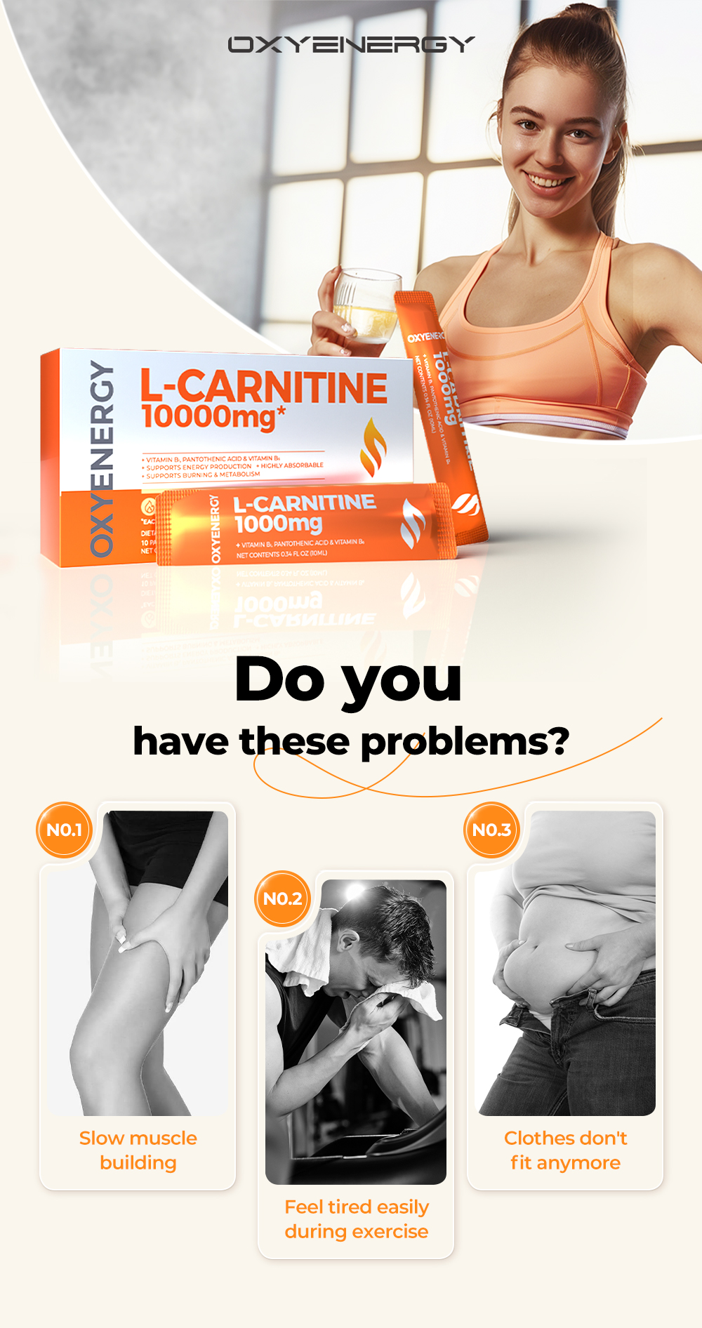 Oxyenergy L-Carnitine Drinks 3 pcs + 21-in-1 Vitamins and Minerals Tablets Set Pre Workout Fat ...