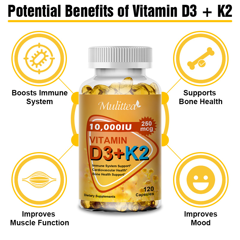 Mulittea 10000IU Vitamin D3+K2 Capsules Immune System Support ...
