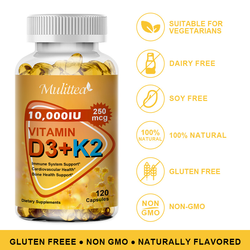 Mulittea 10000IU Vitamin D3+K2 Capsules Immune System Support ...