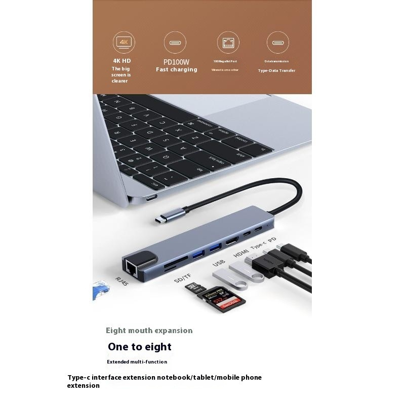 8-in-1 expander Type-c to HDMI 100W network card converter typec multi ...