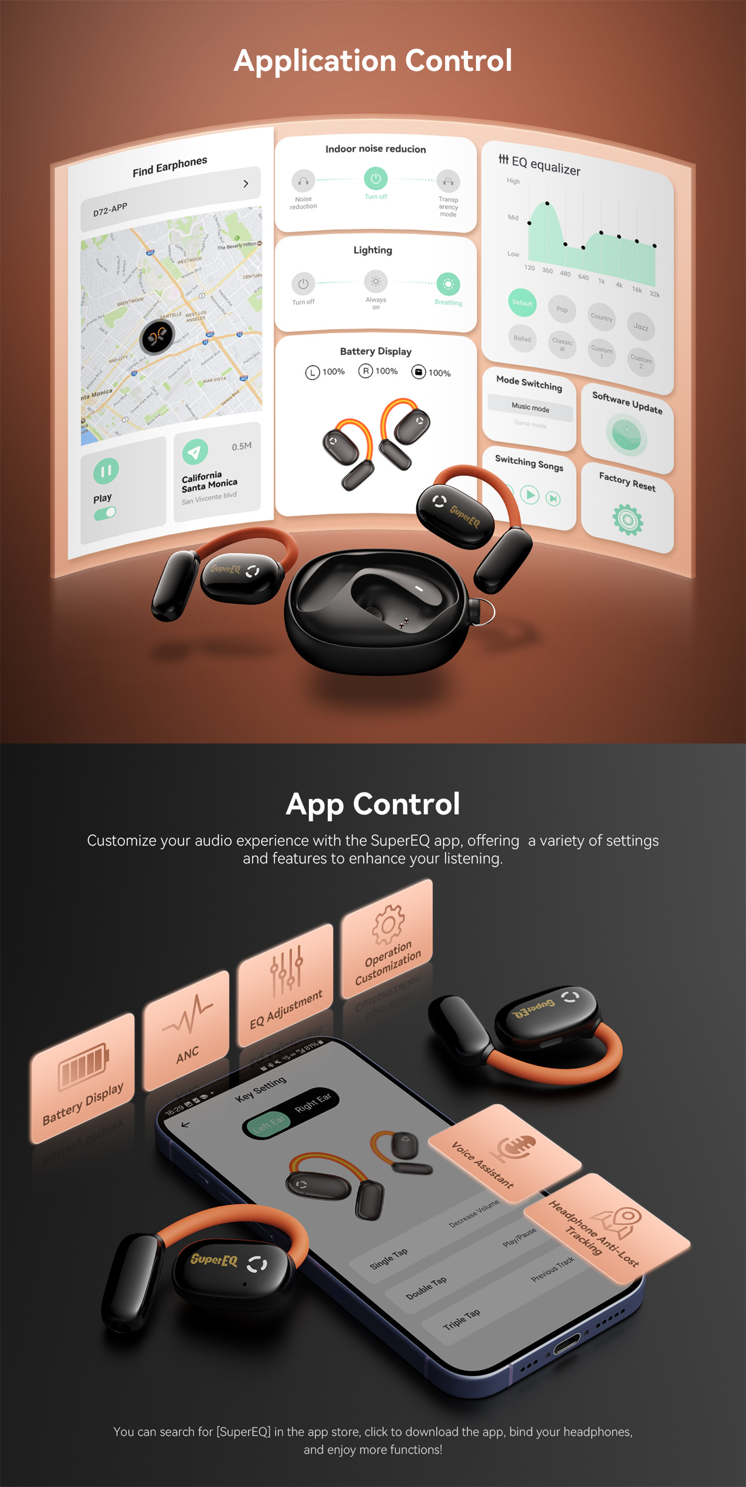 SuperEQ D72 Open-Ear Earphones ANC Wireless Bluetooth 5.4 Headphones ...