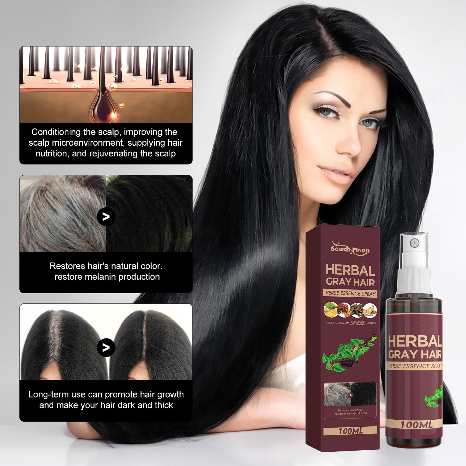 100ml Herbal Gray Hair Reverse Essence Spray Restore Black Hair Serum moistens protects hair ...