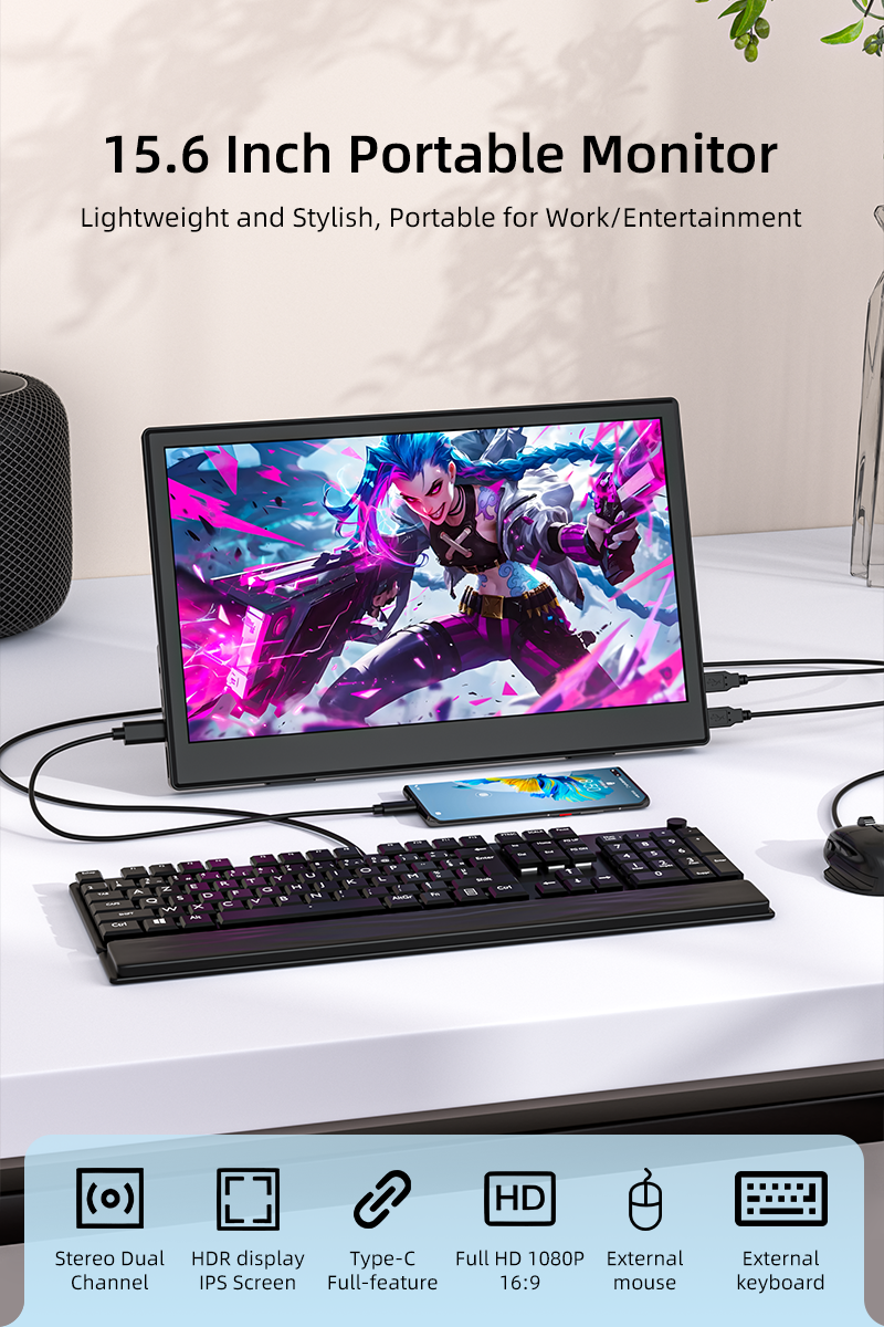 Byone15.6 inch Ultra-thin Portable Monitor LED Full HD Screen Gaming ...