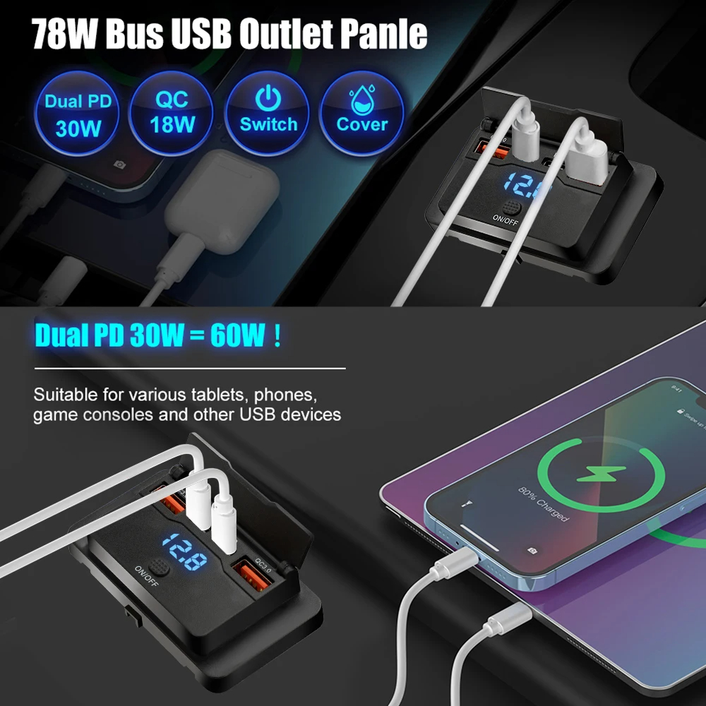 4-Ports 12/24V USB C Outlet Panel Wall Mount Car Charger Socket with ...