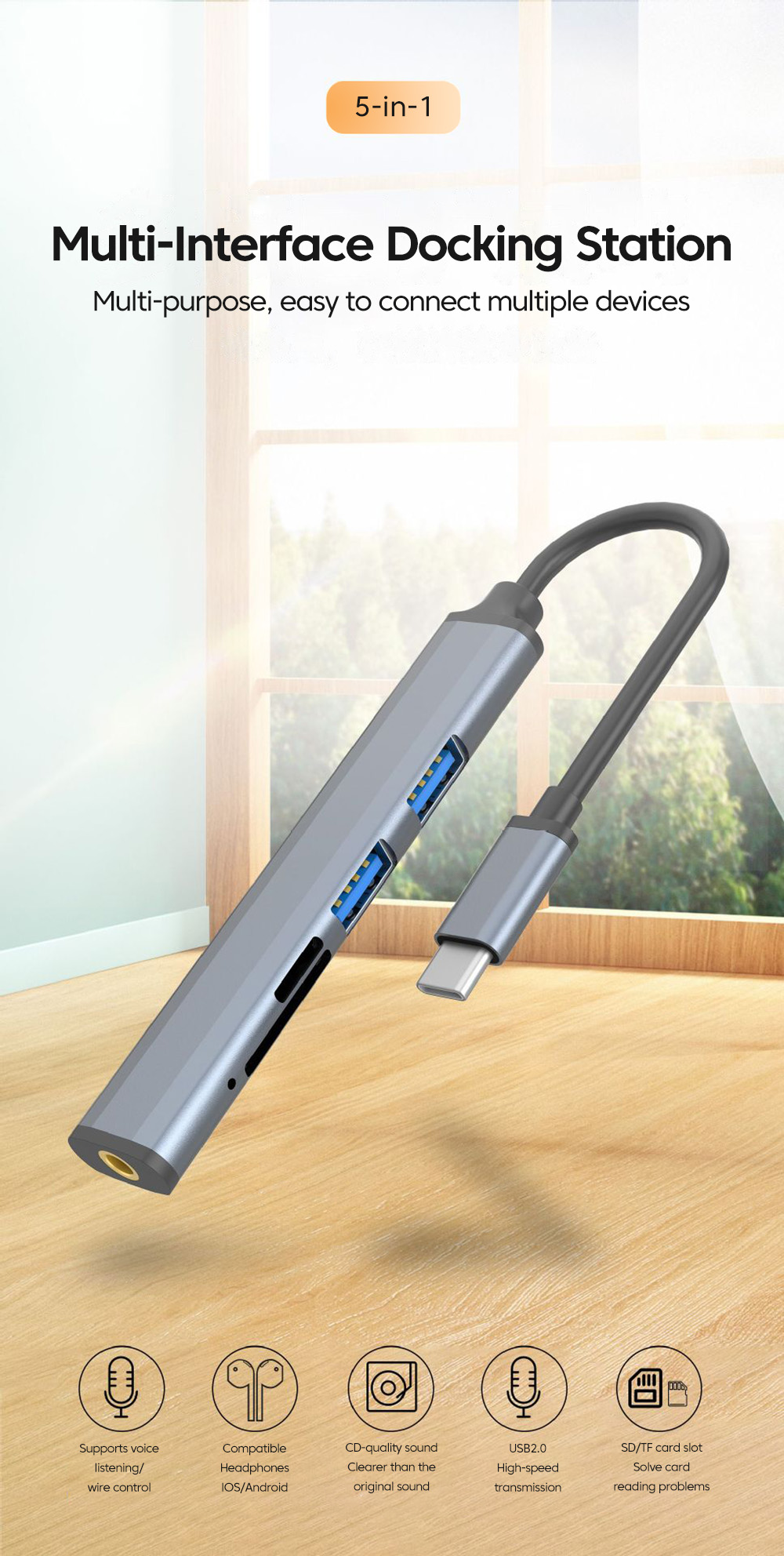 5-in-1 Multifunctional Card Reader Docking Station Laptop 3.5mm ...