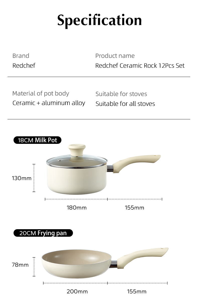 Redchef Nonstick Ceramic Rock 12 Pcs Cookware Set Non PFAS & PTFE ...