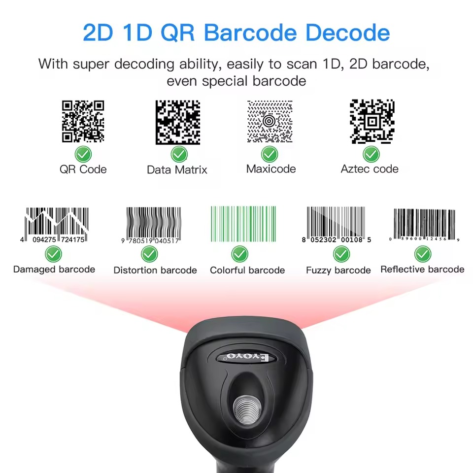Eyoyo EY-H2 USB Wired 1D/2D Barcode Scanner Handheld PDF417 Data Matrix QR Code Reader COMS ...