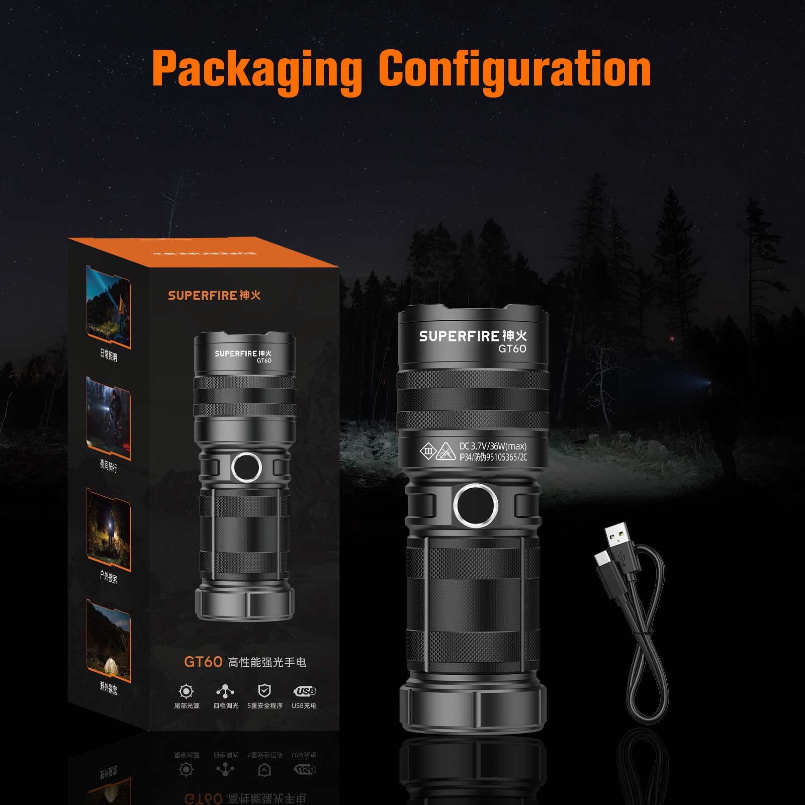 SUPERFIRE GT60 36W Ultra Bright 6000mAh LED Zoomable Flashlight XHP90 Outdoor USB Work Light ...