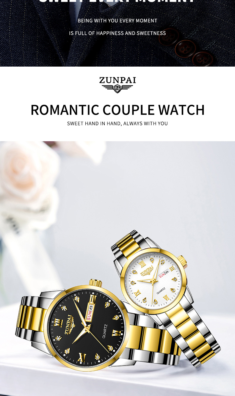 ZUNPAI Couple Watch Waterproof Quartz Original Stainless Steel Gift ...