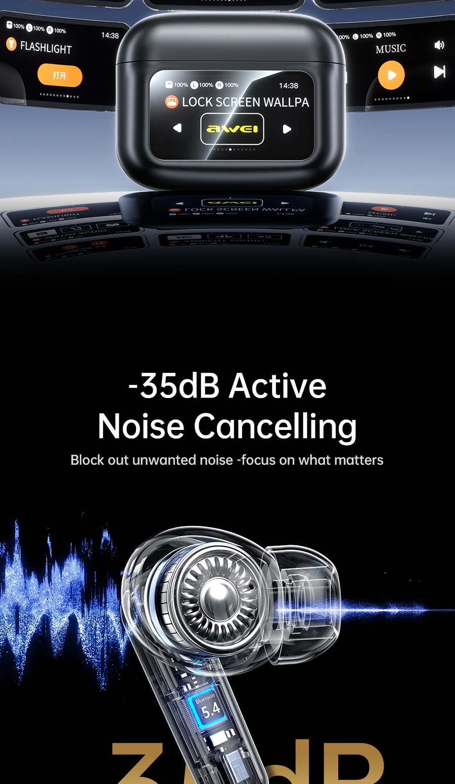 Awei T56 Bluetooth Earphones Smart Touch Screen Bluetooth 5.4 ANC+ENC ...