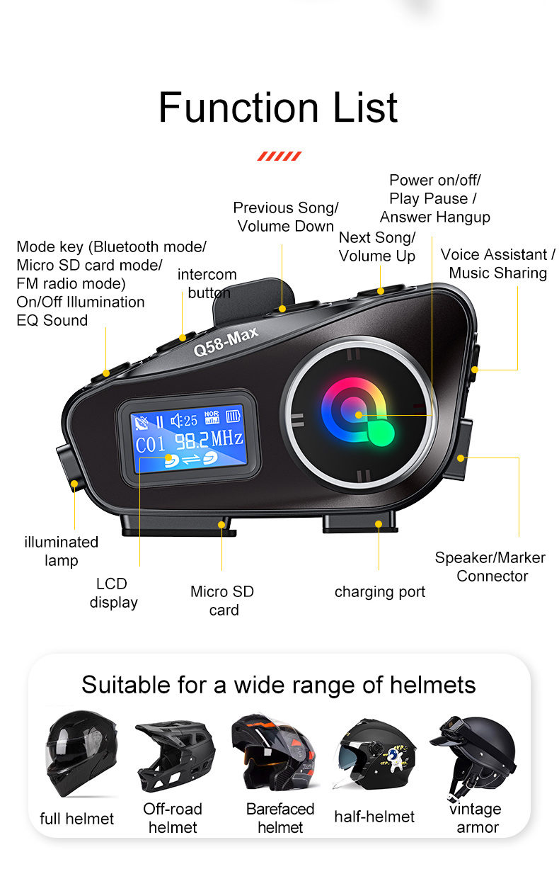 HNJ Q58 Max Motorcycle Helmet Bluetooth Headsets Intercom 5.3 Wireless LED Lighting Noise ...
