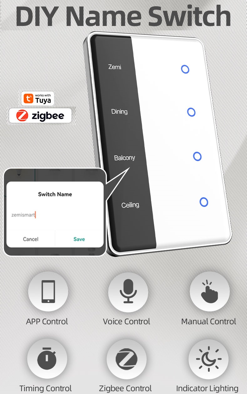 Zemismart Customizable Display Light Switch,Smart Touch Zigbee Neutral Switch,Alexa/Google Voice ...