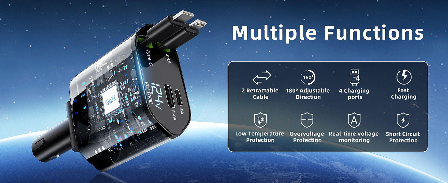 HOTOP Retractable Fast Car Charger 4-In-1 Car Phone Charger Super Fast ...
