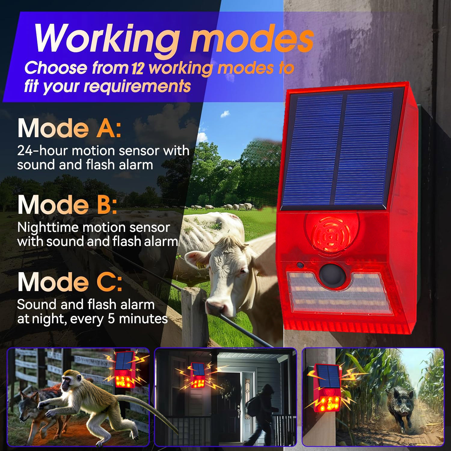 【In stock AI Smart Chip】Solar Alarm Sensor Dog Barking Loud 129db Home ...