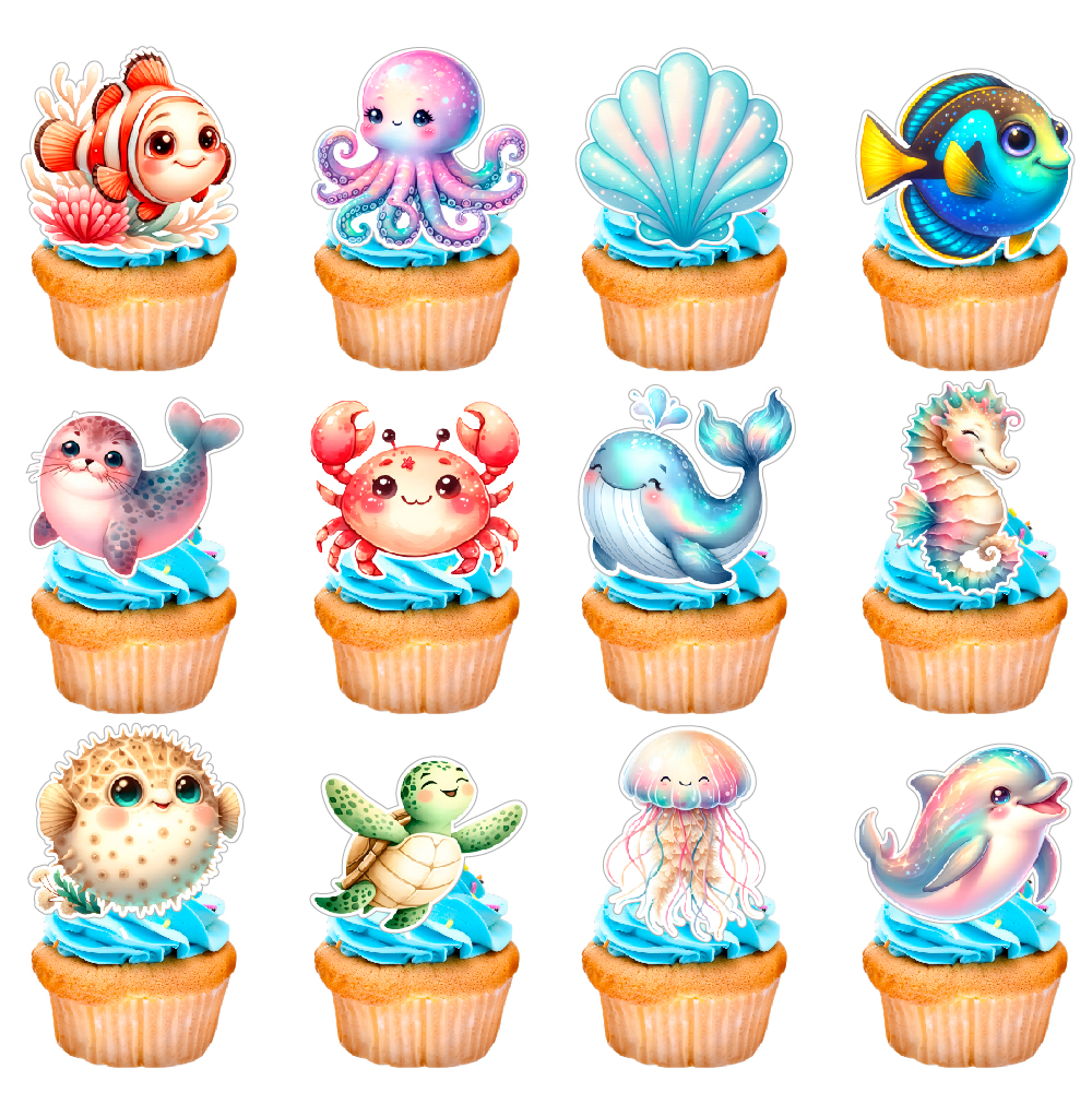 24Pcs, Undersea Animal Cake Topper, Underwater World l Birthday Cupcake ...