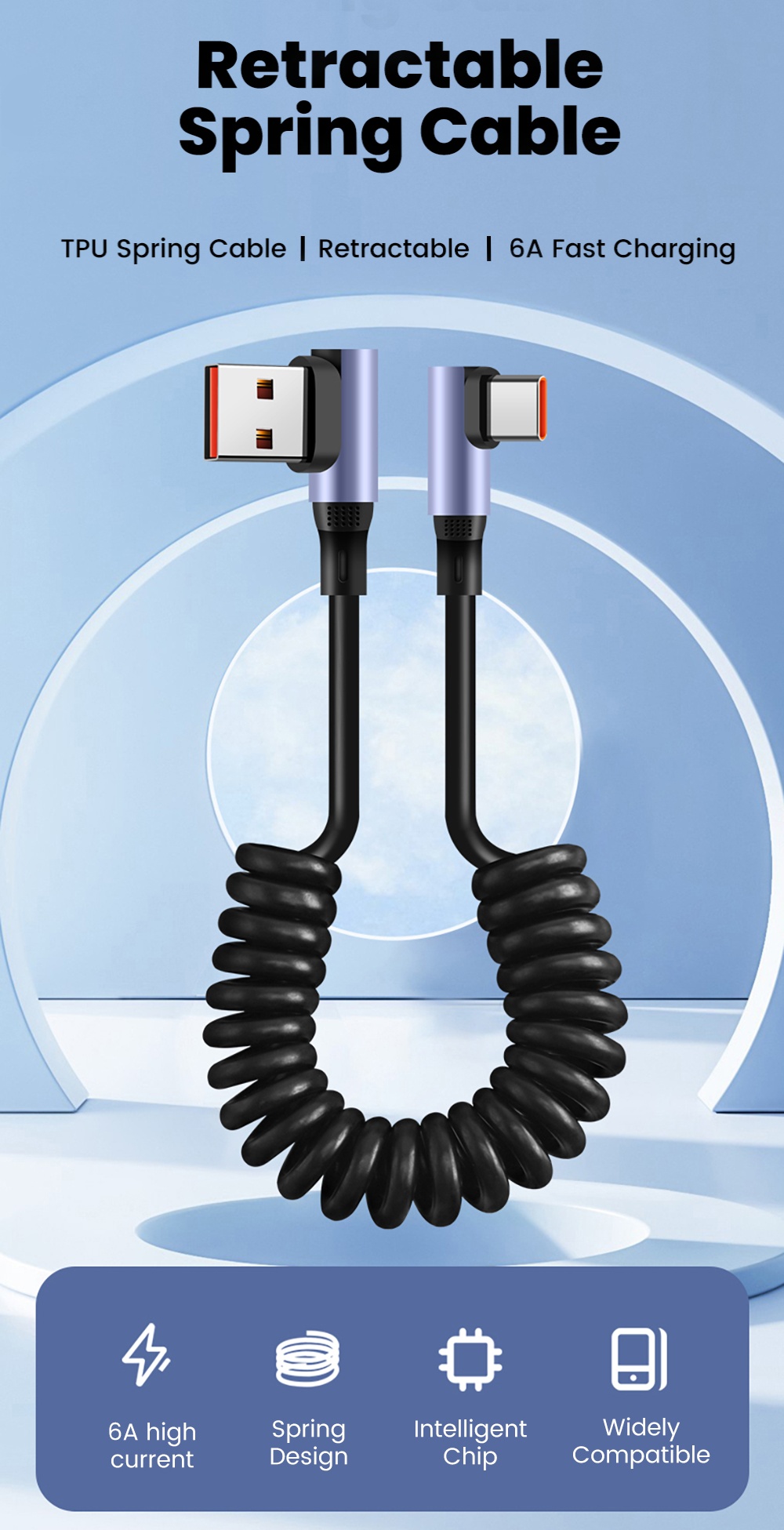 66W Spring Type C Elbow Short Cable USB C Fast Charging Cable Car ...